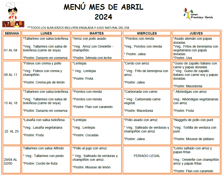 Menú almuerzo del colegio | Colegio Francisco Varela